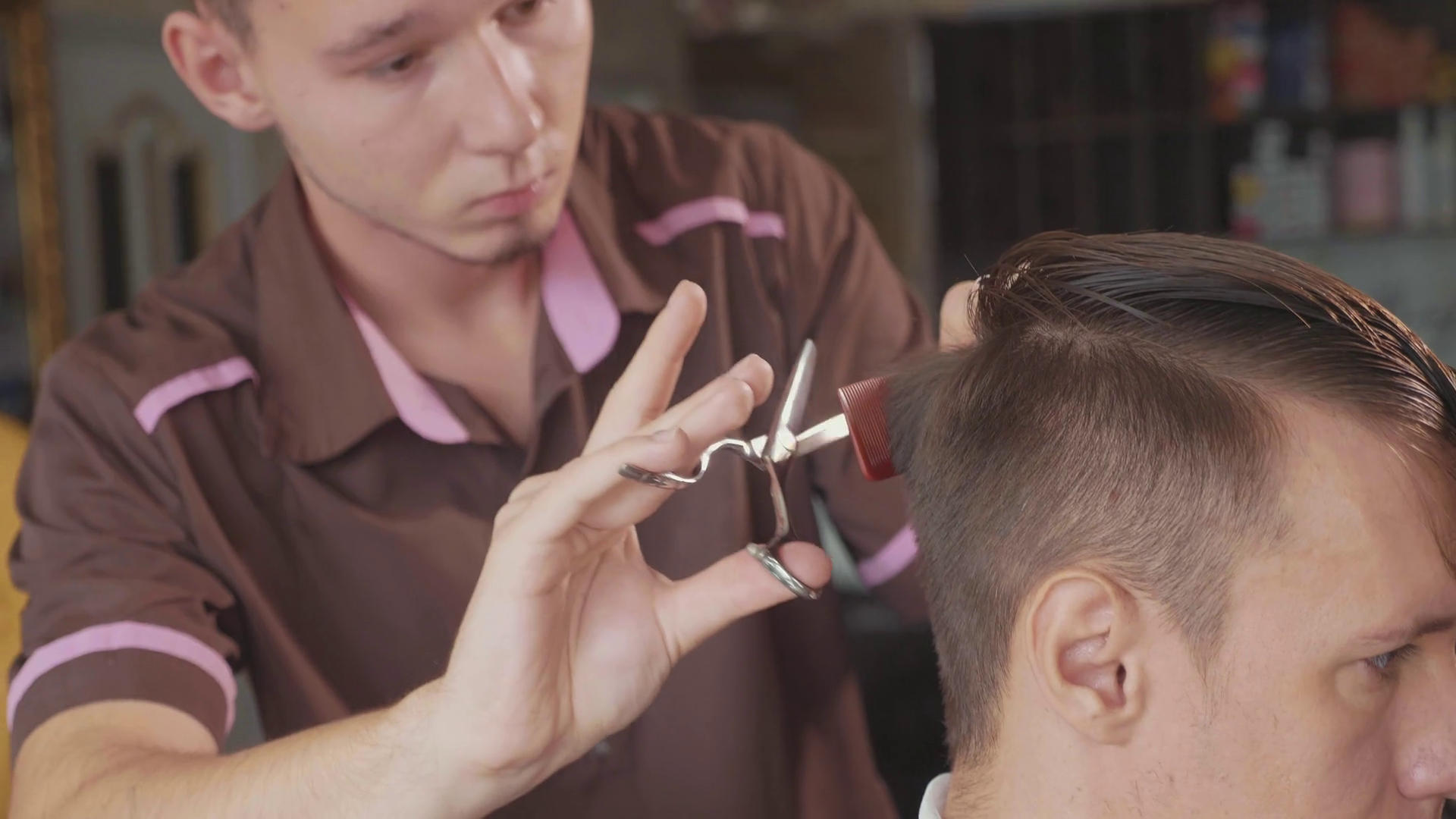 Close-up Of Barber Cuts Hair Scissors At Stock Footage SBV-321784698 ...