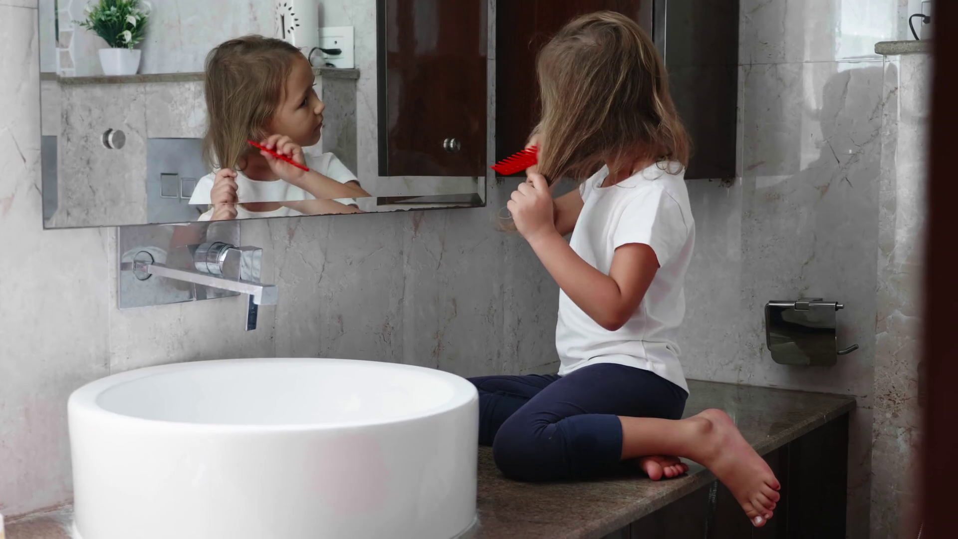 Blonde Child Grooming In Front Of Bathroom Stock Footage SBV-335174236 ...