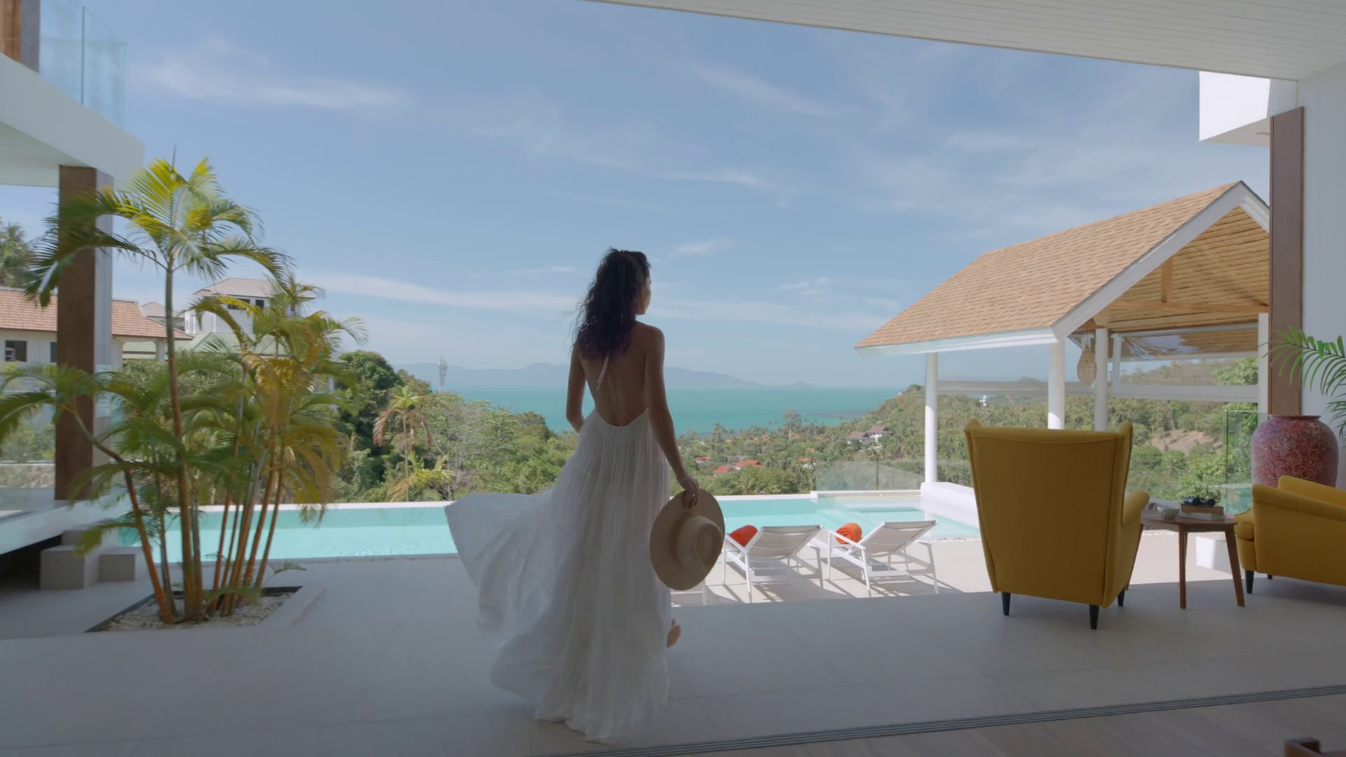 Rear View Slim Woman In White Long Sundress Stock Footage SBV-348416126 ...