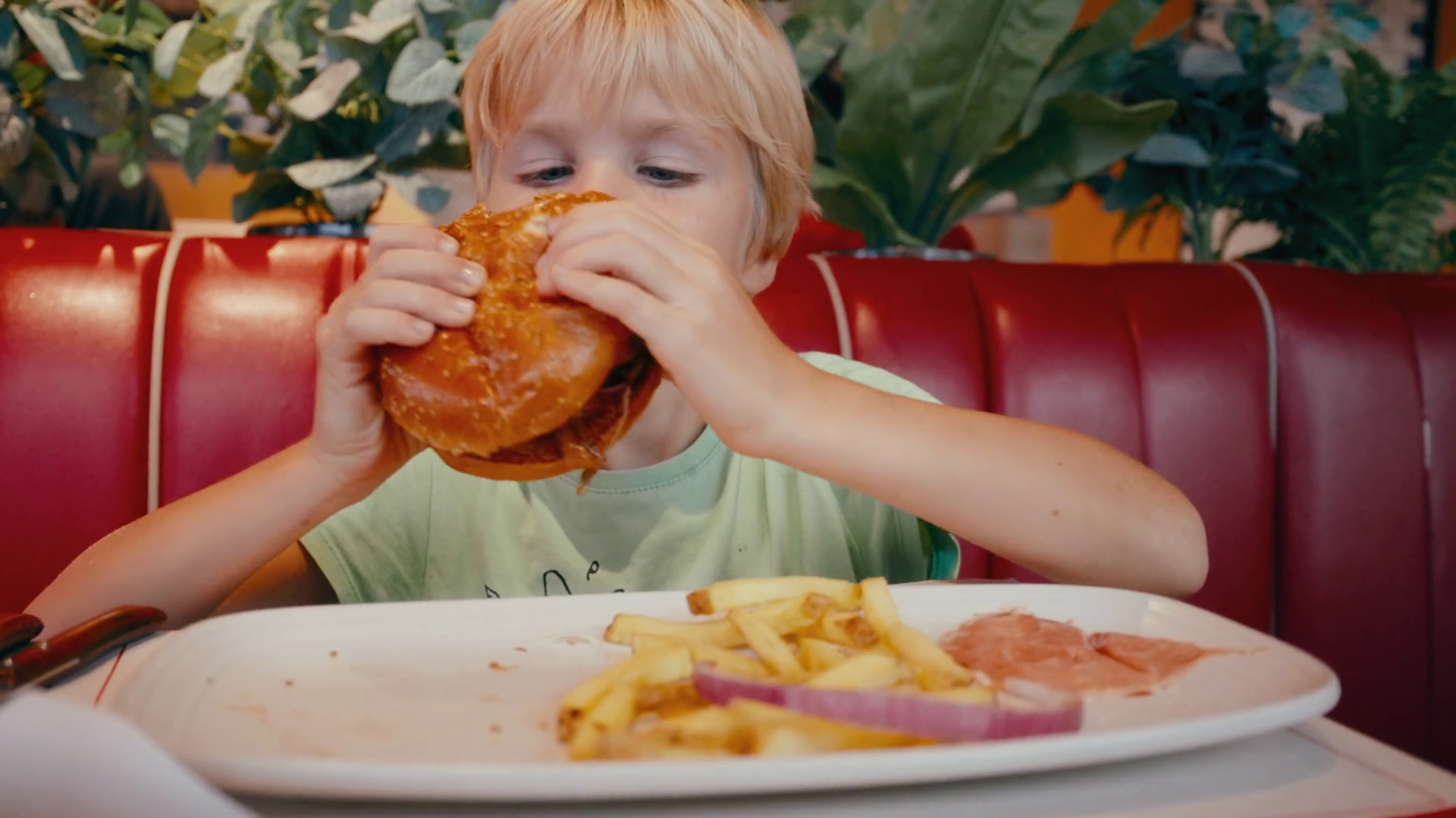 Child Boy Eating Big Tasty Hamburger In Stock Footage SBV-348621213 ...