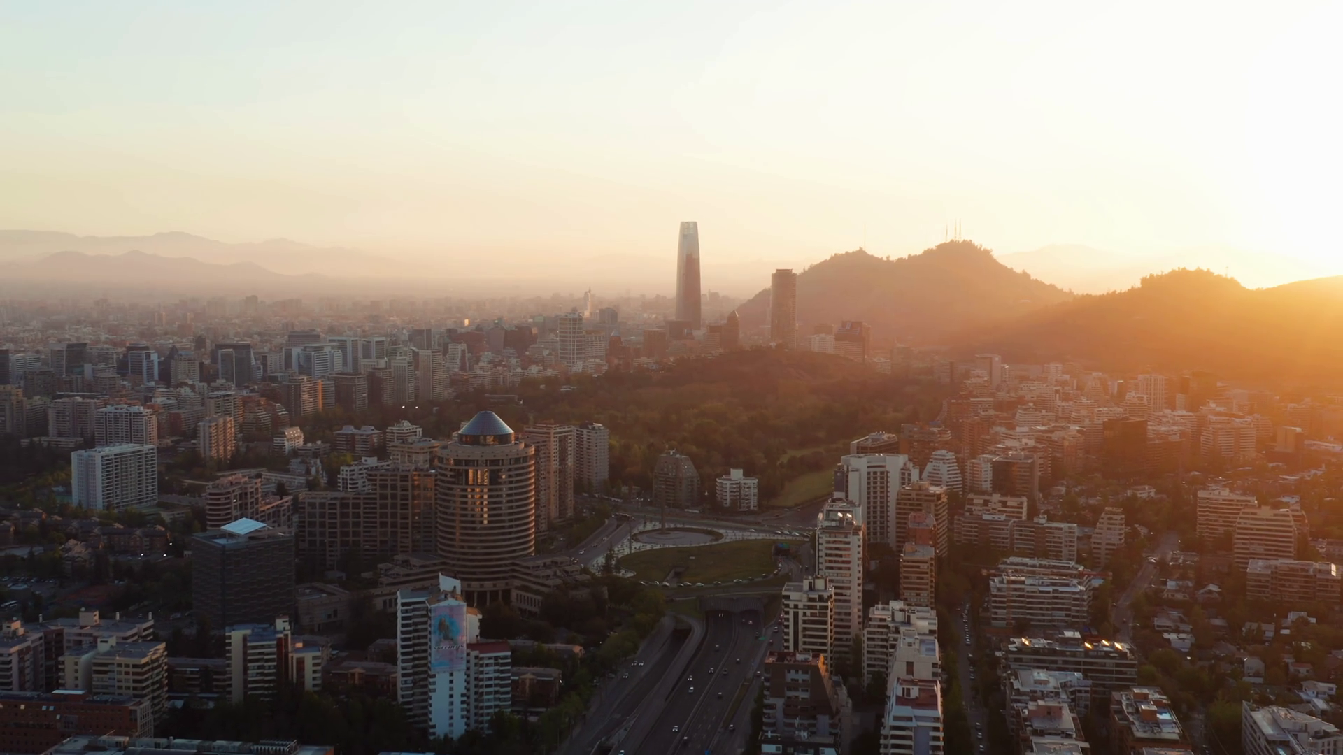 Aerial View Of Golden Yellow Sunset Over Santiago In Chile ...