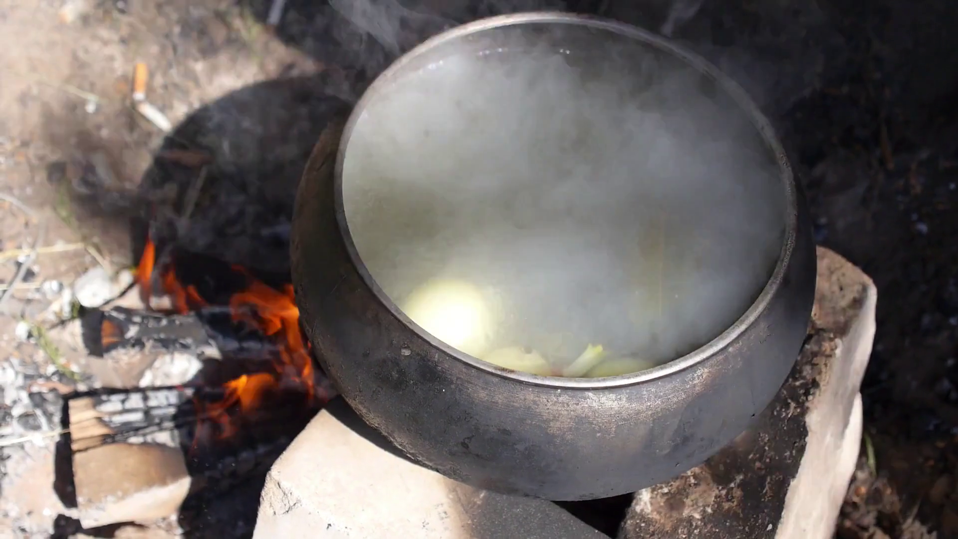 Cooking Fish Soup In Big Pot On Fire In Hike Stock Footage SBV ...