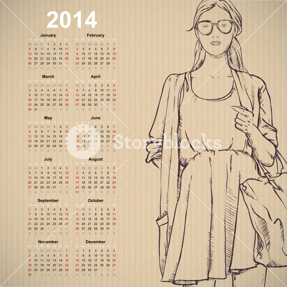 2014. Calendar With Fashion Girl. Royalty-Free Stock Image - Storyblocks