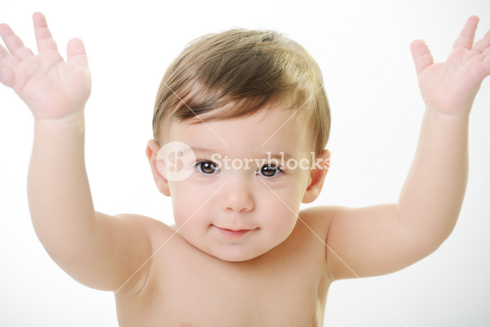 Baby child with various funny poses and hands gestures isolated on ...