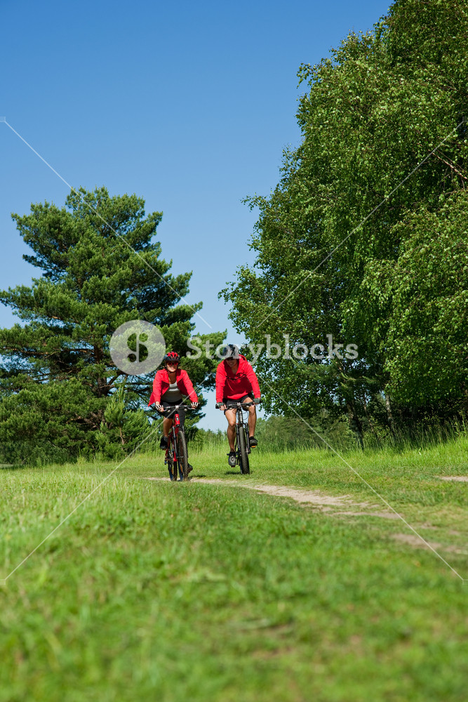 Young couple with mountine bike in spring nature on sunny day biking ...