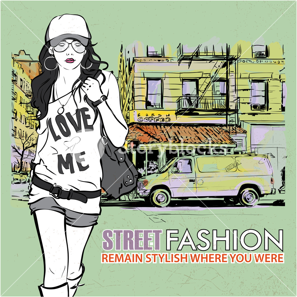 Fashionable Girl on a Street Background. Hand-Drawn Vector Illustration ...