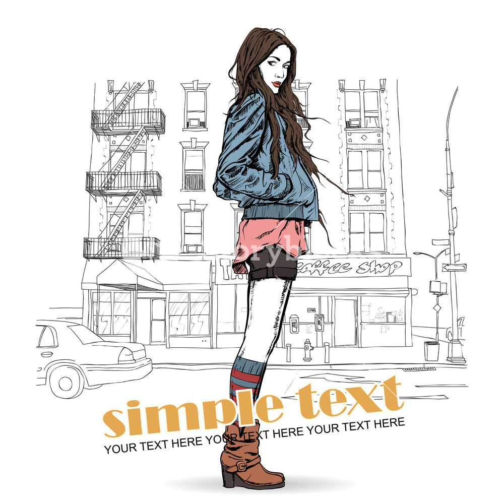 Cute Fashionable Girl on a Street Background. Hand Drawn Vector ...