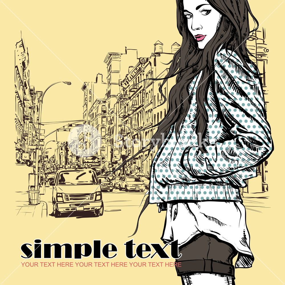 Cute Fashionable Girl on a Street Background. Hand Drawn Vector ...