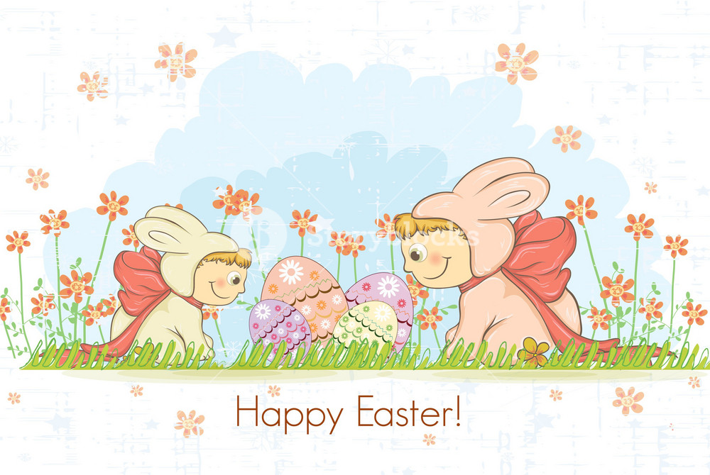 Easter Background With Kids In Bunny Costume Vector Illustration ...