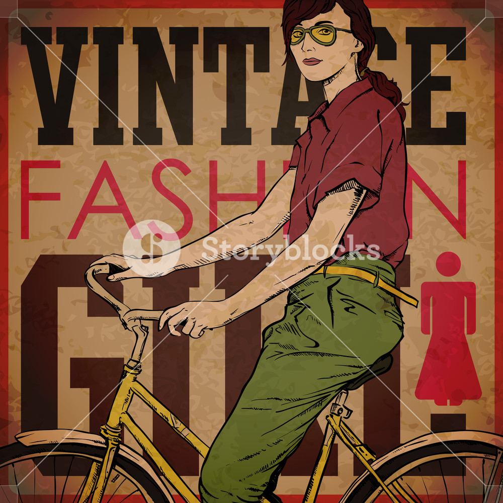 Eps10 Vintage Background With Pretty Girl With Bicycle Royalty-Free ...