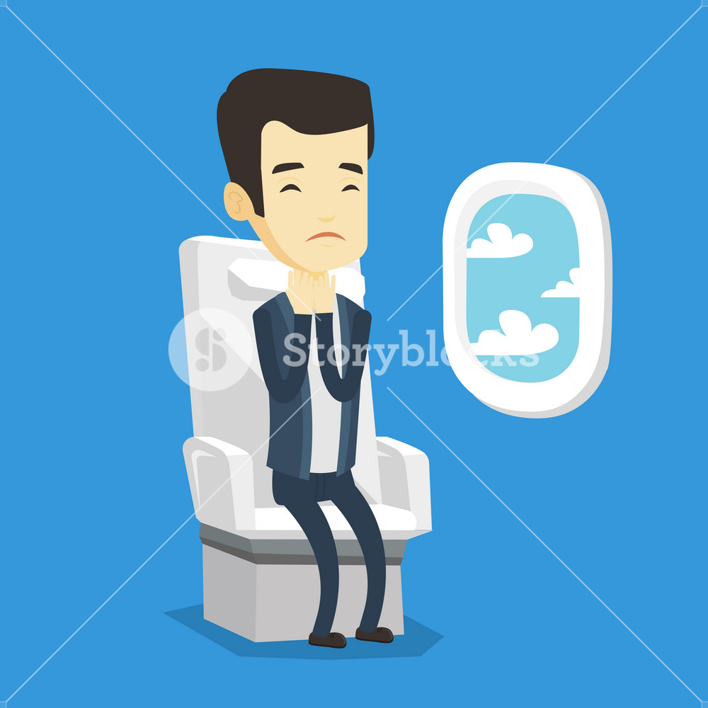 Asian man surprised by plane turbulence. Passenger scared during flight ...