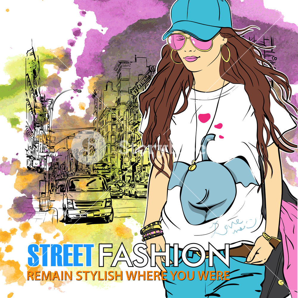 Hand Drawn Watercolor Background With Illustration Of A Pretty Girl In ...