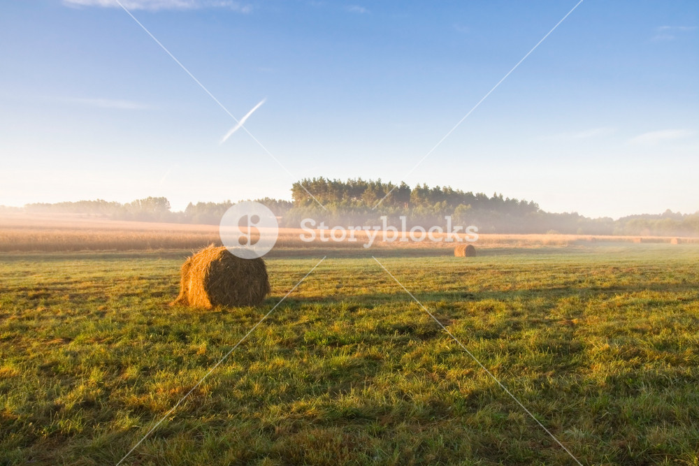 Bales of hay at sunrise. Beautiful foggy morning Royalty-Free Stock ...