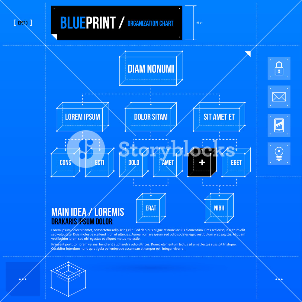 Organization Chart Template With Rectangle Elements In Blueprint Style ...