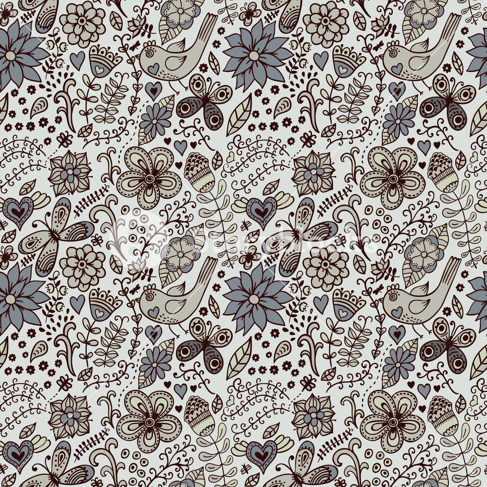 Seamless Texture With Flowers And Birds. Endless Floral Pattern ...